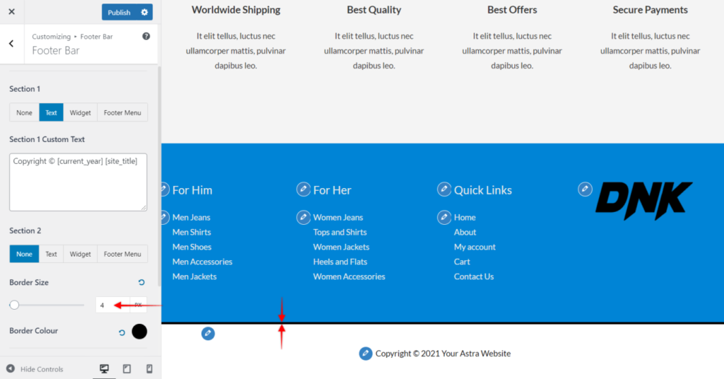How to Manage the Footer Bar Layout and Width in Astra?