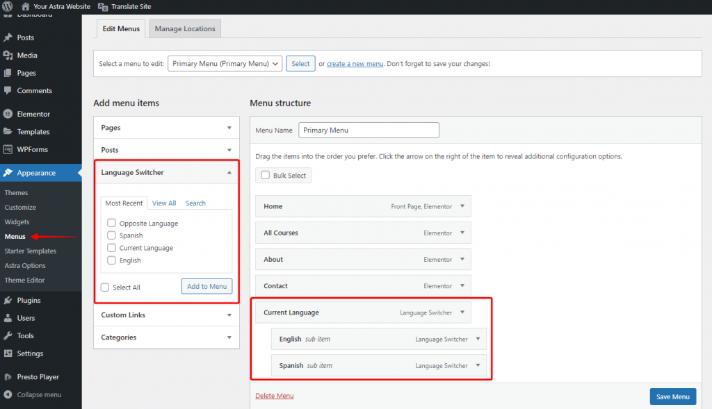 How to Turn Astra Website Multilingual with TranslatePress?